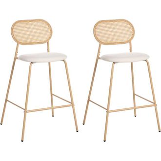 Beliani Lot de 2 Chaises de Bar en M&eacute;tal Dossier en Rotin Rembourr&eacute;s Tabourets de Comptoir Bois Clair Adaver