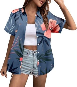 Generic Chemise hawa&iuml;enne &agrave; manches courtes pour femme - Chemise tropicale boutonn&eacute;e - Style d&eacute;contract&eacute; - Tendance - Plage - Bowling - Graphique - Flamant ro