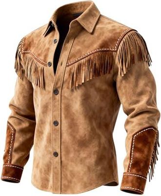 Generic Chemise pour homme &agrave; manches longues de style occidental pour printemps et automne - Haut de d&eacute;guisement boutonn&eacute; &agrave; col rabattable &agrave; franges - Sweat-s