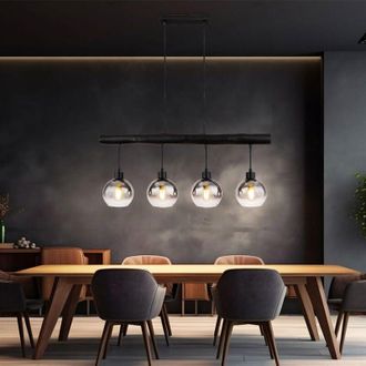 Globo Lighting Hängelampe Holzbalken Hängeleuchte Retro Holz Esszimmerlampe Pendelleuchte 4 flammig, schwarz, Glas rauch, 4x E27, LxBxH 85x15x120 cm