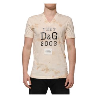 Dolce & Gabbana Logo Print Kurzarm T-Shirt mit V-Ausschnitt - - Tops - Herren - Beige - L