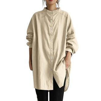 Generic Hauts d&eacute;t&eacute; amples en coton et lin pour femmes, col boutonn&eacute;, manches longues, habill&eacute;, d&eacute;contract&eacute;, tunique ample 2026, v&ecirc;tements tendance, kaki, XXL