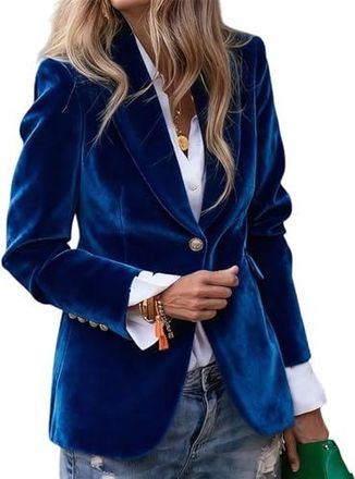 Generic Blazer en velours pour femme - Veste d&eacute;contract&eacute;e &agrave; manches longues pour le travail, le bureau, Halloween, No&euml;l, bleu marine, L