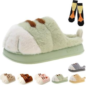 Generic Pantoufles en peluche 3D en forme de patte de chat, antidérapantes, confortables, chaudes, moelleuses pour la maison, lintérieur et lextérieur, Vert, 