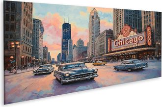 Islandburner Bild auf Leinwand Die belebte Stra&szlig;e in Chicago bei Sonnenuntergang Oldtimer Fahren vorbei Bilder Wandbilder Poster