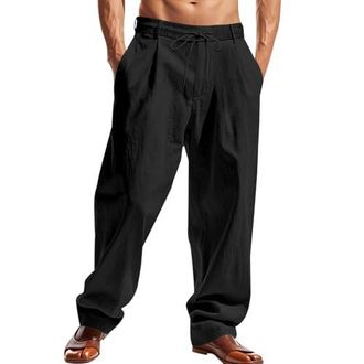 Generic Pantalon en lin pour homme - Taille &eacute;lastique - Cordon de serrage - Jambe large - L&eacute;ger - Respirant - Confortable - Pantalon de voyage - Pantalon de p