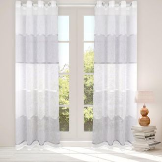 Heimtexland Ösenschal Querstreifen Maritim Leinen Optik Natur 245x140 cm Ökotex Vorhang Creme Silber grau Nordsee Landhaus Gardine Typ562