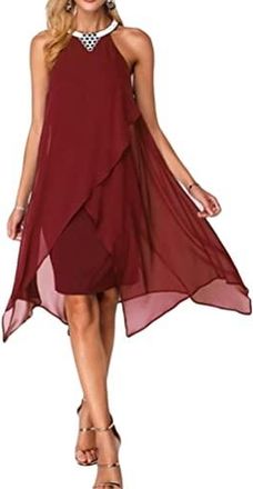 Minetom Robe De Cocktail Asymétrique Au Genou Femme sans Manche Mousseline De Soie Cocktail Bal Mariage Courte Robes Fête A Rouge XXL