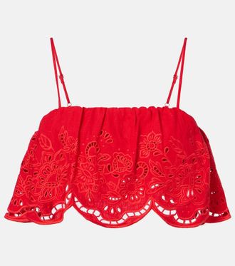 Farm Rio Top court en lin m&eacute;lang&eacute; &agrave; broderie anglaise