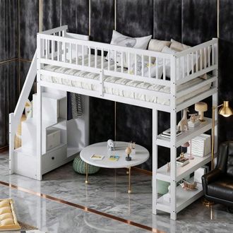 Generic Hochbett 90x200 cm in Weiß | Hochschrank-Sicherheitsdesign mit Kleiderschrank | Regale & Stauraum mit Sicherheitskletterleiter | Multifunktionales Hol