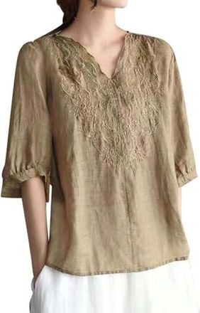 Generic Chemisier paysanne vintage boh&egrave;me en lin pour femme - Style boh&egrave;me brod&eacute; - Tunique florale 2025 - Chemise indienne &agrave; volants pour femmes &acirc;g&eacute;es - Col e