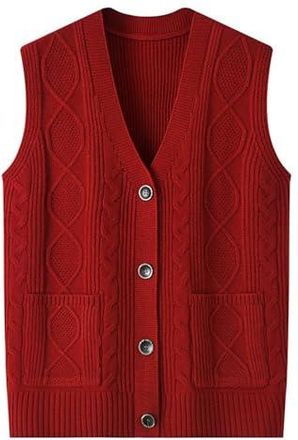 Generic Gilet en tricot pour femme avec col en V uni boutonn&eacute; sans manches, l&eacute;ger, ouvert sur le devant, gilet en tricot torsad&eacute; pour homme, Rouge, 3XL