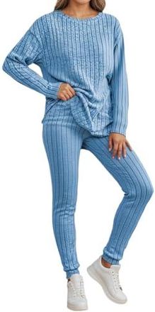 Generico Pyjama long &agrave; rayures c&ocirc;tel&eacute;es pour femme avec col rond, t-shirts &agrave; manches longues et pantalon de pyjama avec poches, bleu ciel, 3XL