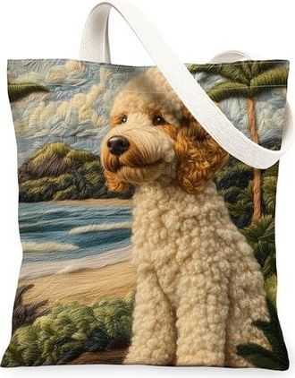 Generic Sac fourre-tout fantaisie en toile motif chien griffonn&eacute; dor&eacute; 33 x 38,1 cm, sac d&eacute;picerie r&eacute;utilisable pour femme, peinture danimaux domestiques, d&eacute;co