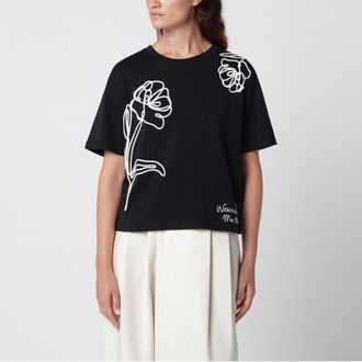 Max Mara Schwarzes T-Shirt aus Baumwolle mit Blumenstickerei