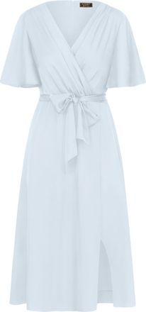 Apart Fashion Damen Midikleid aus Satin, Wickelkleid mit V-Ausschnitt, kurze Volantärmel, Gürtel mit hoher Taille, fließender A-Linien-Rock, Abendliches Partykleid,