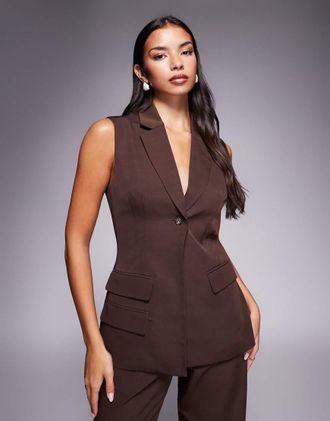 KAIIA Exclusivit&eacute; - Kaiia - Gilet de tailleur densemble &eacute;l&eacute;gant coupe longue et sans manches avec col et poches - Marron-Brown