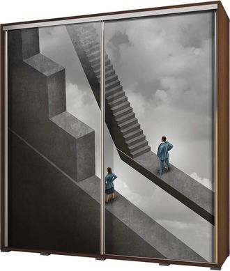 Selsey ABSTRAKTE TREPPE - Kleiderschrank 2-t&uuml;rig Schiebet&uuml;ren mit Motiv Abstrakte Treppe 205cm (Korpus in dunkler Holzoptik/Pflaume matt)