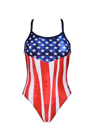 Arena Damen Print Challenge Back Einteiler Einteiliger Badeanzug, Sterne & Streifen, 32