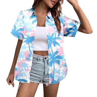 Generic Chemise de plage des Cara&iuml;bes pour femme &agrave; manches courtes d&eacute;t&eacute; tropicale hawa&iuml;enne boutonn&eacute;e palmier hawa&iuml;en vacances amusantes graphiques d&eacute;contract