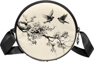Generic Sac &agrave; bandouli&egrave;re rond pour femme, motif peinture doiseau dencre, petit sac &agrave; dos &agrave; bandouli&egrave;re avec fermeture &eacute;clair, bretelles r&eacute;glables, sac &agrave; main