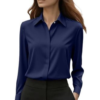 Generic Chemisier en satin pour femme avec col &agrave; revers et col en V - Sans plis - Haut habill&eacute; en satin - Chemises habill&eacute;es pour le bureau et le travail - Ch
