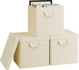 Woltu Cubes de Rangement Pliables Lot de 3, Boîtes en Tissu avec Couvercle, Poignée et Cadre en Métal, Crème, 33x33x31,5cm