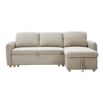 Miliboo Ecksofa, ausziehbar, wendbar, mit Truhe, 3-Sitzer, Chenille-Stoff, Beige und helles Holz, Orso