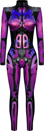 Ocean Plus Damen Halloween Skelett Digitaldruck Overall Schmal Geschnittene Lang&auml;rmlige Einteilige Strumpfhose Jumpsuit (XL, Fuchsia-R&uuml;stung)