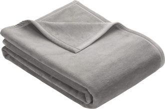 Ibena Berlin Wolldecke 150x200 cm - Premium Kuscheldecke hellgrau, hochwertige Markenqualität aus pflegeleichter Baumwollmischung mit eingenähtem Kunstleder