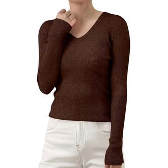 Generic Pull en tricot pour femme avec col en V - Couleur unie - Classique - Confortable - D&eacute;contract&eacute; - Manches longues - Coupe ajust&eacute;e - L&eacute;ger - Tendance - 