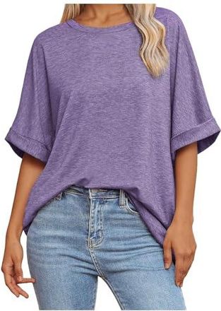 Generic Tunique d&eacute;t&eacute; grande taille pour femme &agrave; manches courtes 2025 - T-shirt long ample pour sortir, d&eacute;contract&eacute;, mignon, solide, occidental, long t-shirt t