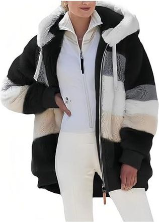 Generic Veste polaire pelucheuse pour femme - Manteaux dhiver chauds - Grande taille - D&eacute;contract&eacute; - Confortable - Bloc de couleurs - Cardigan en fausse fourr