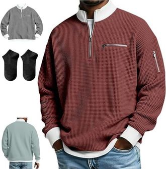 Generic Mens Casual Fashion Up Collar Contrasting Zipper Sweatshirt,Waffle Half-Zip Stand Collar Pullover Sweater,Loose Simple Top (FR/ES, Alpha/Lettres, 5TG,