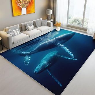 Generic Bleu Lavable en Machine Tapis Salon La Nature Les Baleines Les Fonds Marins, 160 x 230 cm Doux Tapis de Sol Pelucheux Dessous Antid&eacute;rapant, Entree Int