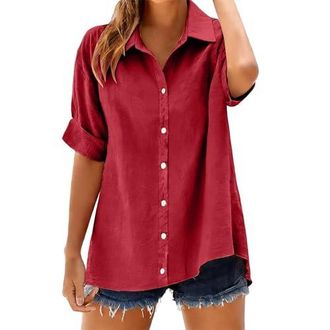 Generic Chemise en lin pour femme grande taille - Chemisiers &agrave; manches longues pour le travail en coton avec boutons &agrave; col popover, chemisier &agrave; &eacute;paules tomban