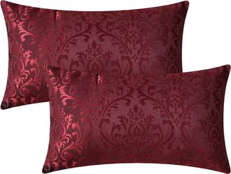 CaliTime Kissenbezüge Kissenhülle 2 Stück Kissenbezüge für Couch Sofa Heimdekoration Vintage-Damast Blumen glänzend und stumpf Kontrast 30 cm x 50 cm Burgund
