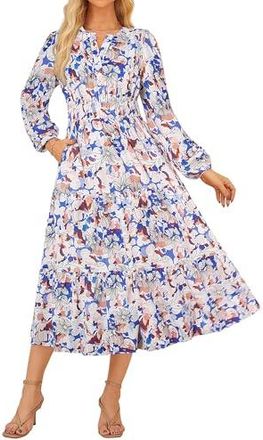 Grace Karin Robe longue d&eacute;contract&eacute;e &agrave; manches longues et col en V pour femme - Style boh&egrave;me &eacute;l&eacute;gant, Cl37-10/Bleu Blanc, S