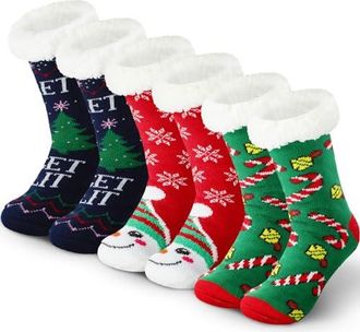 Satinior 3 Paires Chaussettes de Pantoufles de No&euml;l Antid&eacute;rapantes Chaussettes Moelleuses de No&euml;l avec Pr&eacute;hension (Classique)