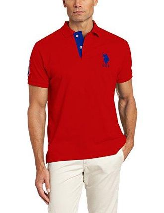 U.S.Polo Association Mens Slim Fit Pique Polo, Engine Red/International Blue, Small
