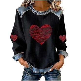 Generic Sweat-shirt de Saint-Valentin pour femme r&eacute;tro en denim patchwork sweatshirt dr&ocirc;le mignon coeur graphique couture chemise en jean gaufr&eacute; tricot &eacute;pissu