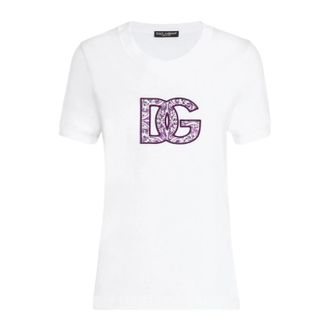 Dolce & Gabbana Ornate DG Logo Baumwoll-T-Shirt - - Tops - Damen - Wei&szlig; - S