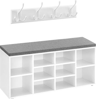 Vasagle Garderobe Schuhbank Set, Garderobenleiste 4 Dreifach-Haken, Schuhregal mit 10 offenen Fächern, Wandgarderobe, Kleiderhaken, Sitzbank, Garderobenhaken 