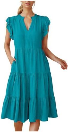 Generic Robe d&eacute;t&eacute; pour femmes - Robe midi &agrave; manches volant&eacute;es et col en V - Coupe fluide et d&eacute;contract&eacute;e, style boh&egrave;me, vacances de plage, robe ample pour fem