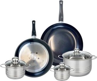 Fackelmann ELO 9738850 Batterie de cuisine 5 pi&egrave;ces, Ensemble de 2 Po&ecirc;les de cuisson 28 et 32 cm et 3 faitouts 12, 14 et 20 cm Elo Prima Brillant, inox, inductio