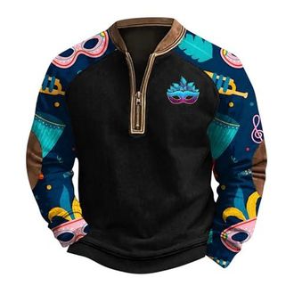 Generic Sweat Mardi Gras décontracté à manches longues pour homme - Sweat-shirt amusant et élégant avec col zippé 1/4, bleu, XXL