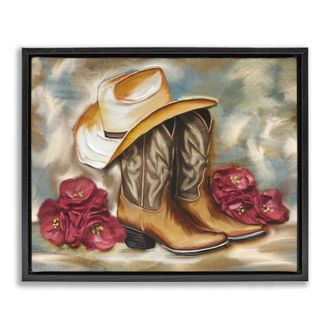 Stupell Industries Leinwandbild, Motiv: Stiefel und Blumenbündel, gerahmt, Design von Kim Allen, 63 x 78 cm, Grau