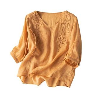 Generic Chemise en lin &agrave; manches 3/4 pour femme - Col en V - Broderie florale - Tunique r&eacute;tro - T-shirt jacquard l&eacute;ger et fluide - Chemisier boh&egrave;me, Orange, X