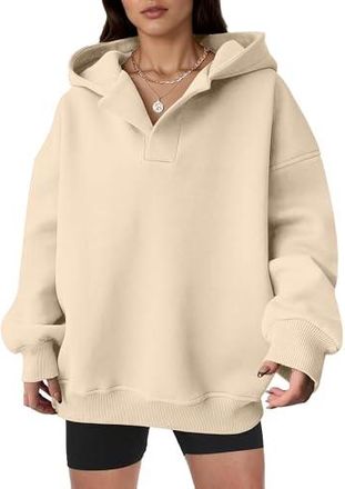 Generic Sweat &agrave; capuche surdimensionn&eacute; &agrave; col en V pour femme - Pull en polaire &agrave; manches longues - V&ecirc;tements Y2K - Tenue tendance automne 2025, beige, XXL