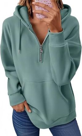 Generic Sweats &agrave; capuche surdimensionn&eacute;s &agrave; manches longues et demi-fermeture &eacute;clair pour femme, v&ecirc;tements dautomne tendance avec poches, Vert, XXL